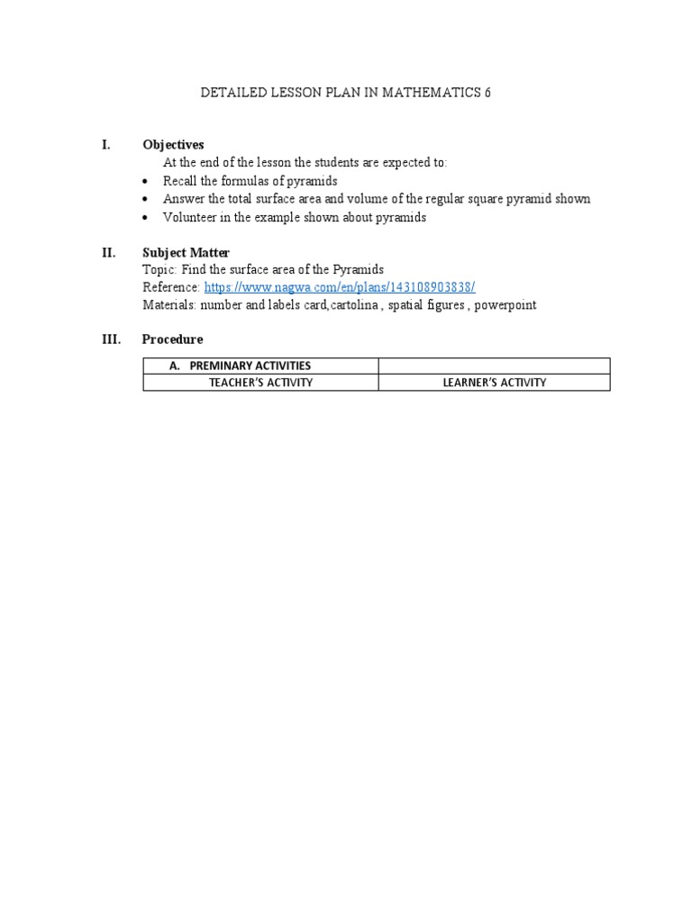Detailed Lesson Plan in Mathematics 6 | PDF | Area | Shape
