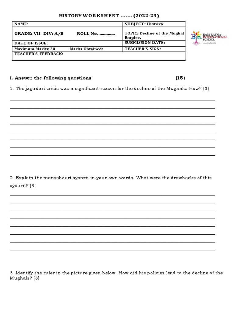 7th History Worksheet | PDF | Mughal Empire | South Asia