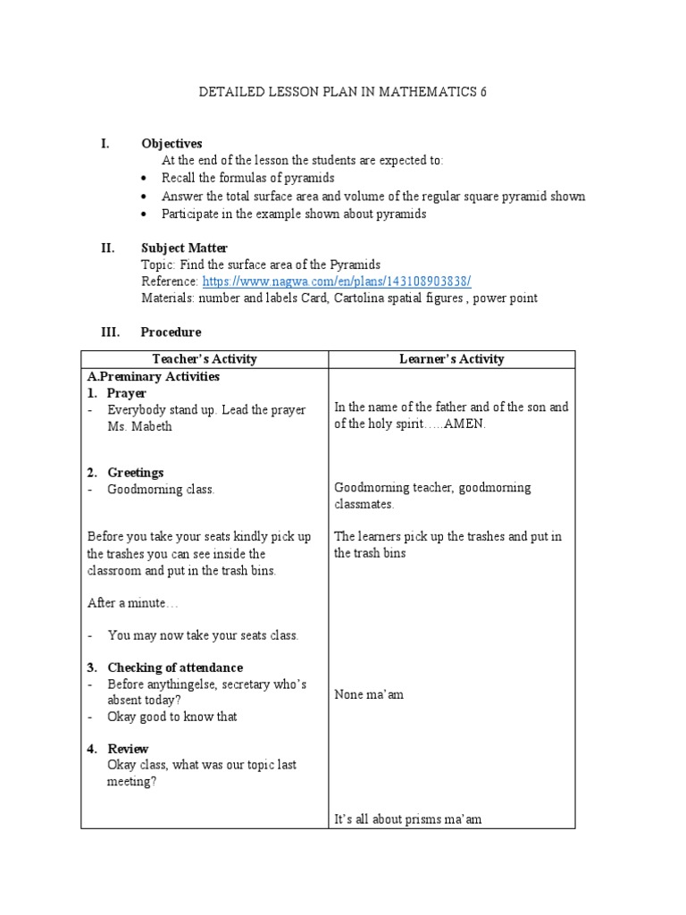 Detailed Lesson Plan | PDF | Area | Elementary Geometry