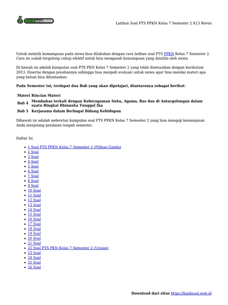 Latihan Soal PTS PPKN Kelas 7 Semester 2 K13 Revisi | PDF