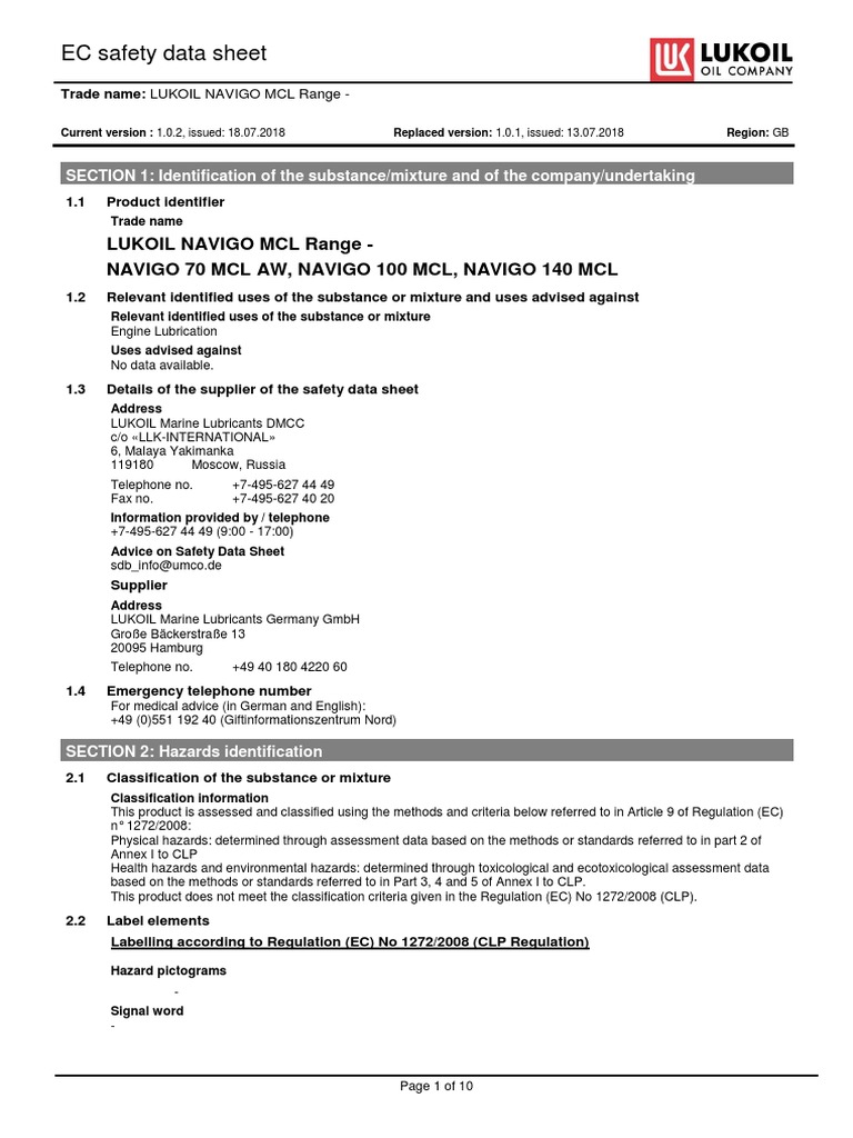 Sds Navigo MCL Range en | PDF | Dangerous Goods | Physical Sciences