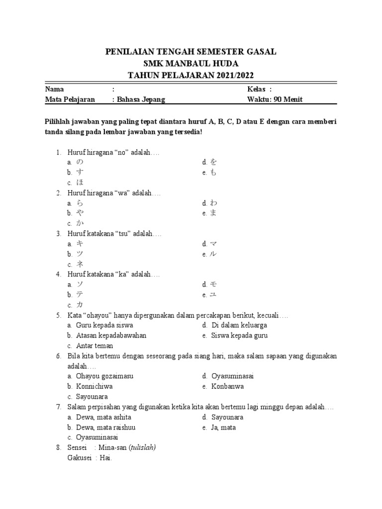 Soal PTS Bahasa Jepang Kelas X | PDF | Seni & Disiplin Bahasa