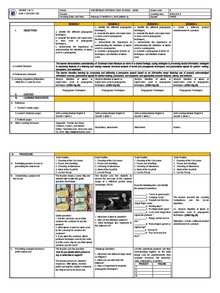 DLL Week 4 - Third Quarter | PDF | Propaganda | Advertising