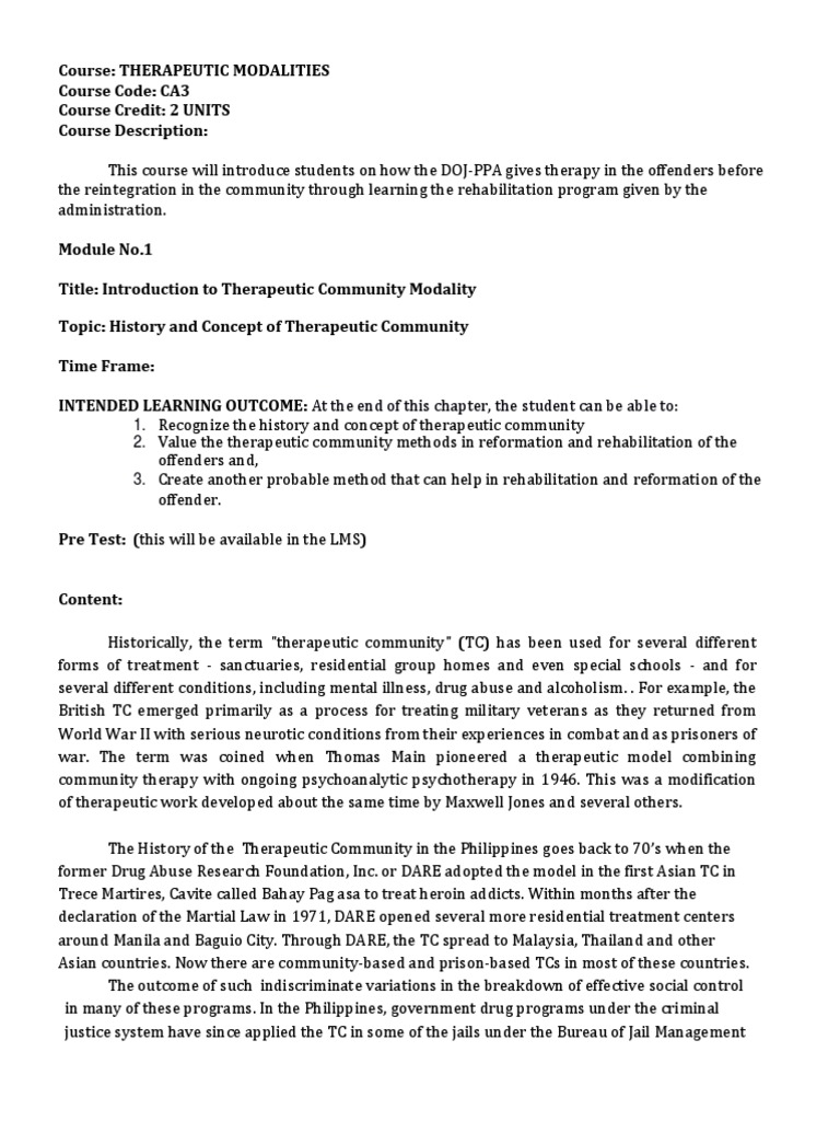 Rehabilitation Through Therapeutic Community: An Overview of the ...