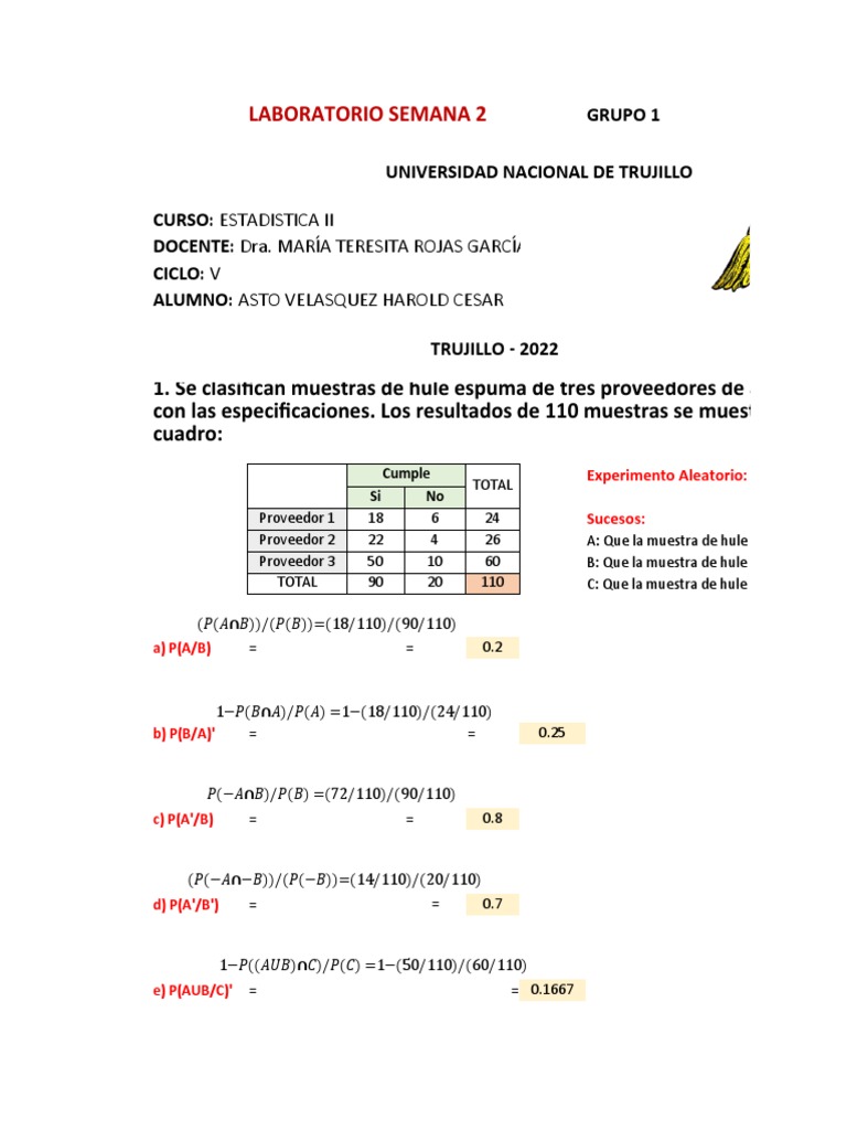 Lab - Sem 2 - Asto Velasquez Harold | Descargar gratis PDF | Probabilidad | Probabilidades y ...