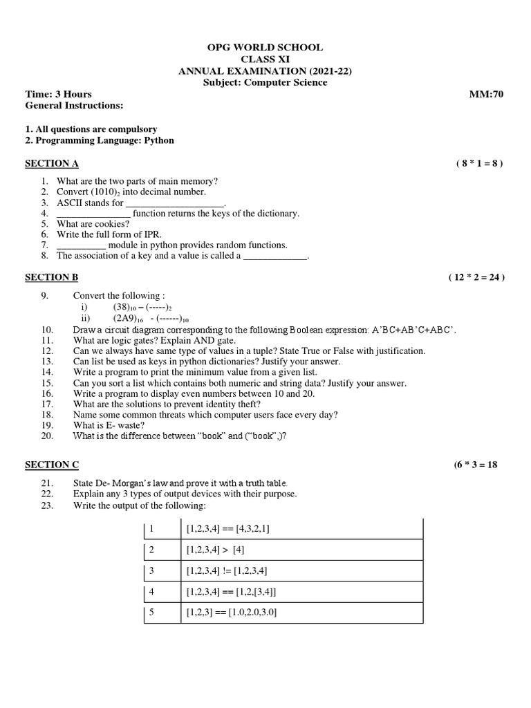 Cl Xi Cs Annual Exam 2021 22 Pdf Computer Program Programming 