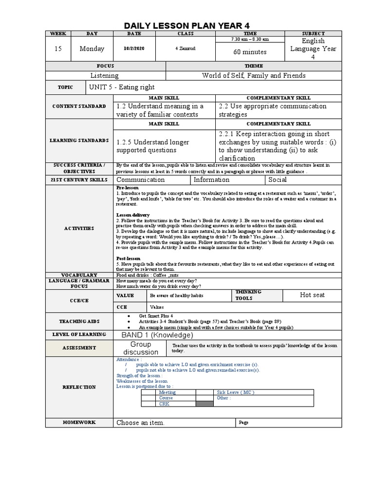 Year 4 English Lesson Plans: Eating Right | PDF | Lesson Plan | Teachers