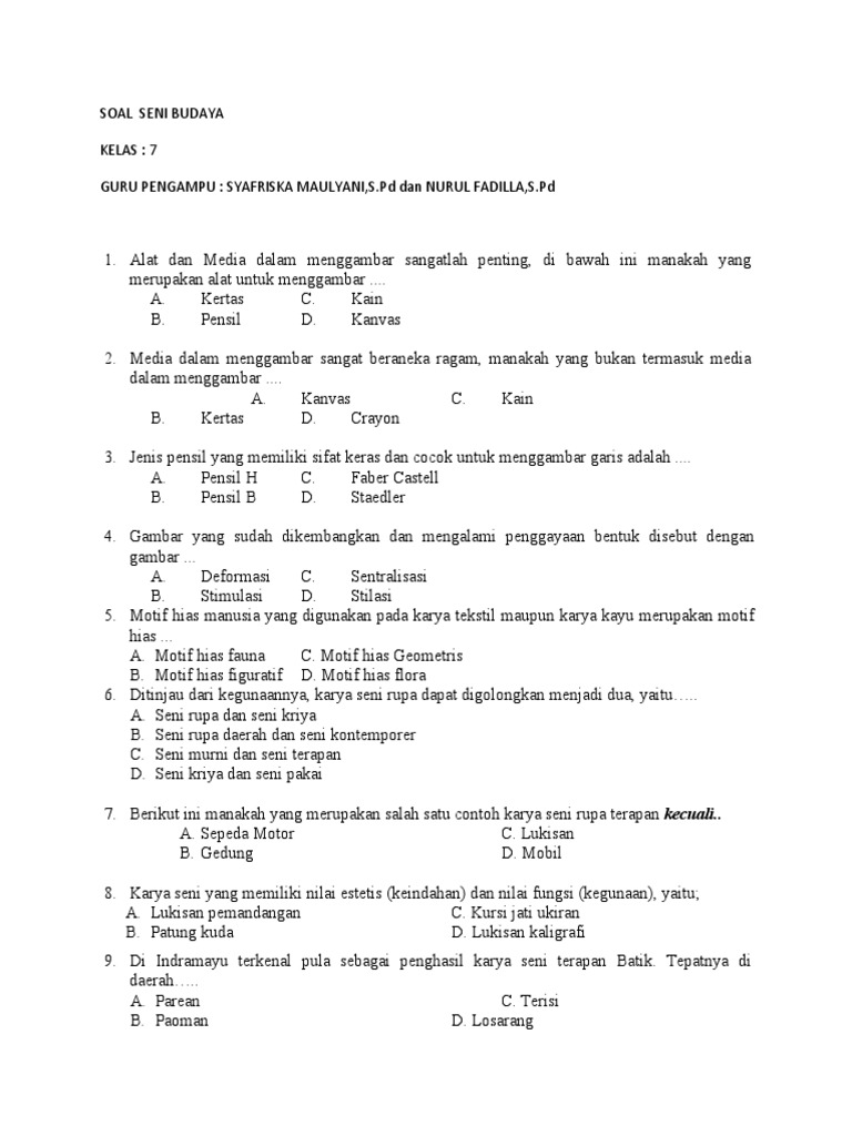 Soal Seni Budaya Kelas 1 | PDF