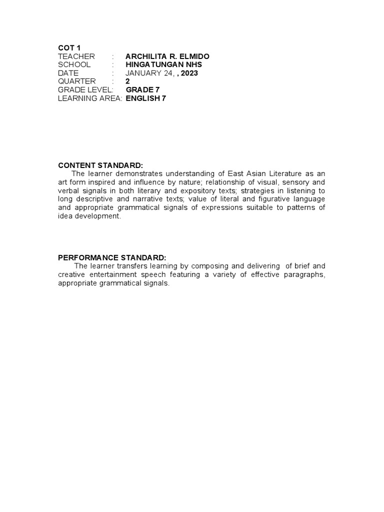 Cot Lesson Plan | PDF | Learning | Nonlinear System