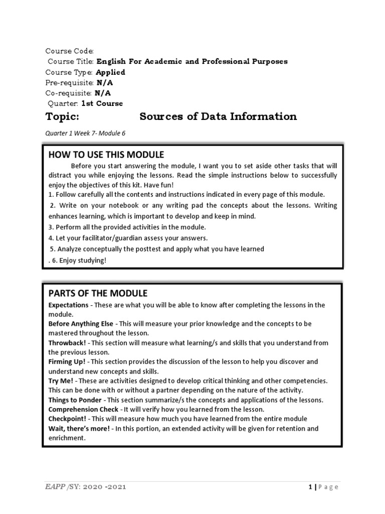 EAPP Module 6: Data Sources Overview | PDF | Libraries | World Wide Web