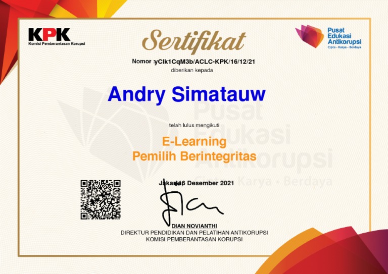 Sertifikat Kelulusan E-Learning Pemilih Berintegritas | PDF | Computers | Technology & Engineering