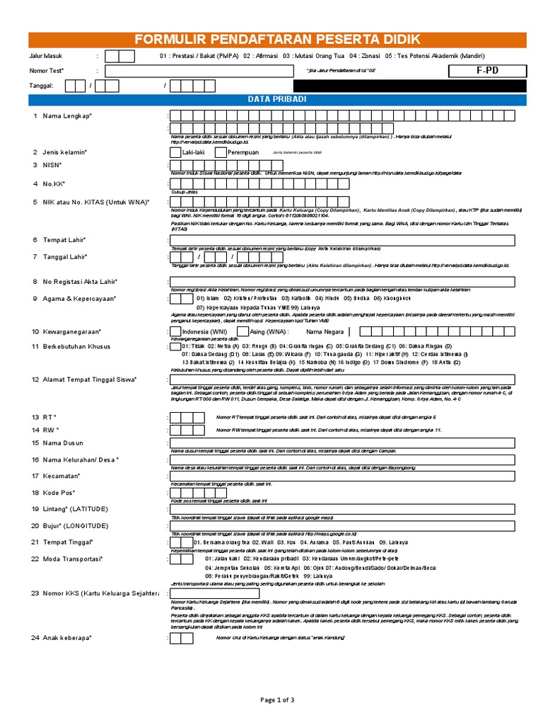 Formulir Pendaftaran Peserta Didik | PDF