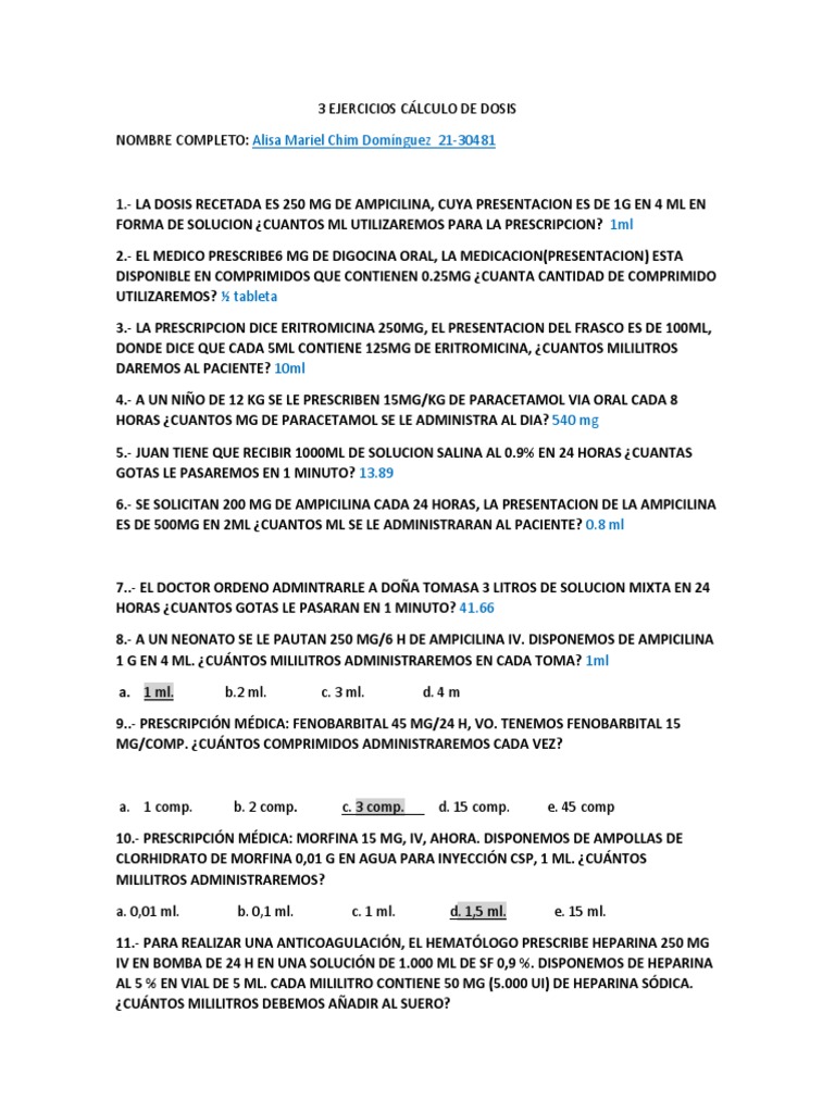 Alisa Chim - EJERCICIOS CALCULO DE DOSIS 2023 Farma | PDF