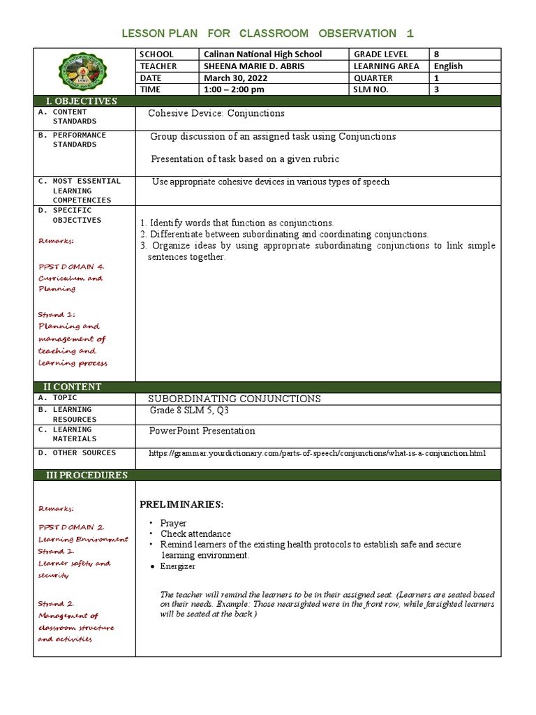 COT 1 - Conjunctions | PDF | Learning | Teachers