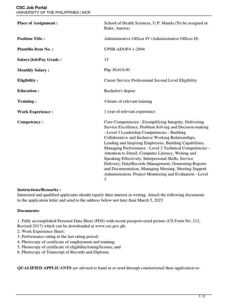 Admin Officer IV Job Opening at UP Manila | PDF