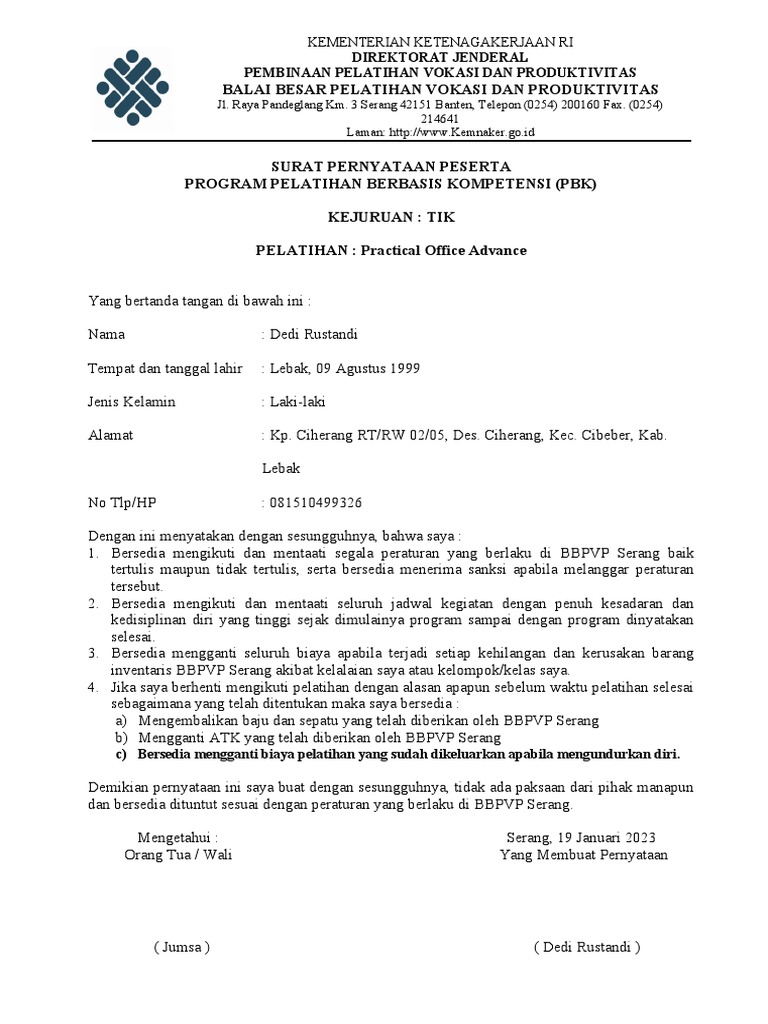 Surat Pernyataan Mengikuti PBK Non New | PDF