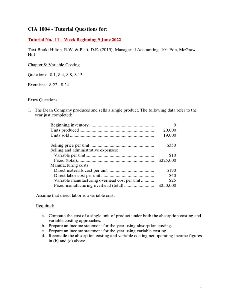 Tutorial 11 Questions - CHP 8 Var Costing | PDF | Inventory | Accounting