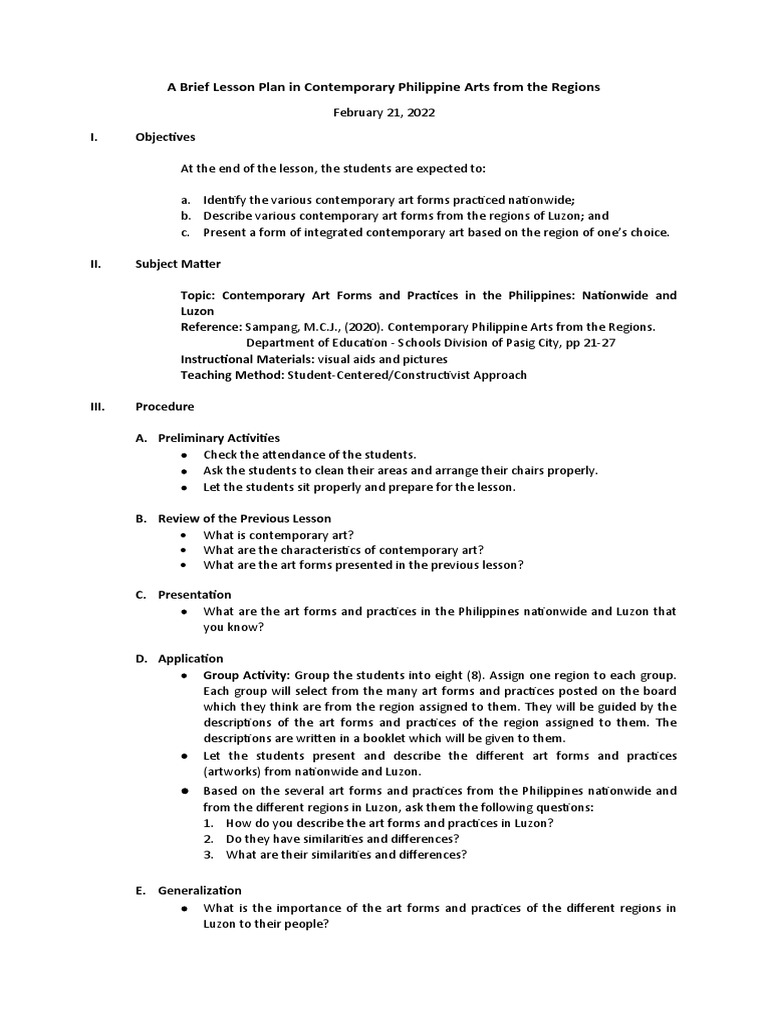 A Brief Lesson Plan in Contemporary Philippine Arts From The Regions - M2 | PDF | Lesson Plan ...