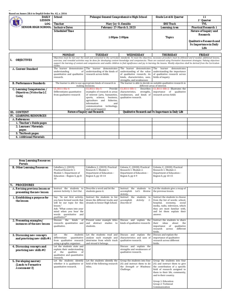 2 Shs Daily Lesson Log DLL Pr1 Feb 27-Mar 3 | PDF | Qualitative Research | Learning