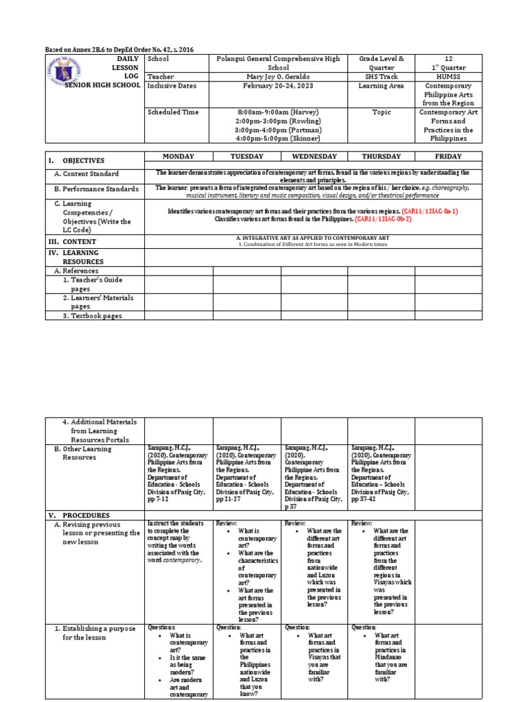 1 Shs Daily Lesson Log DLL Cpar Feb 20-24 | PDF | Learning | Cognition