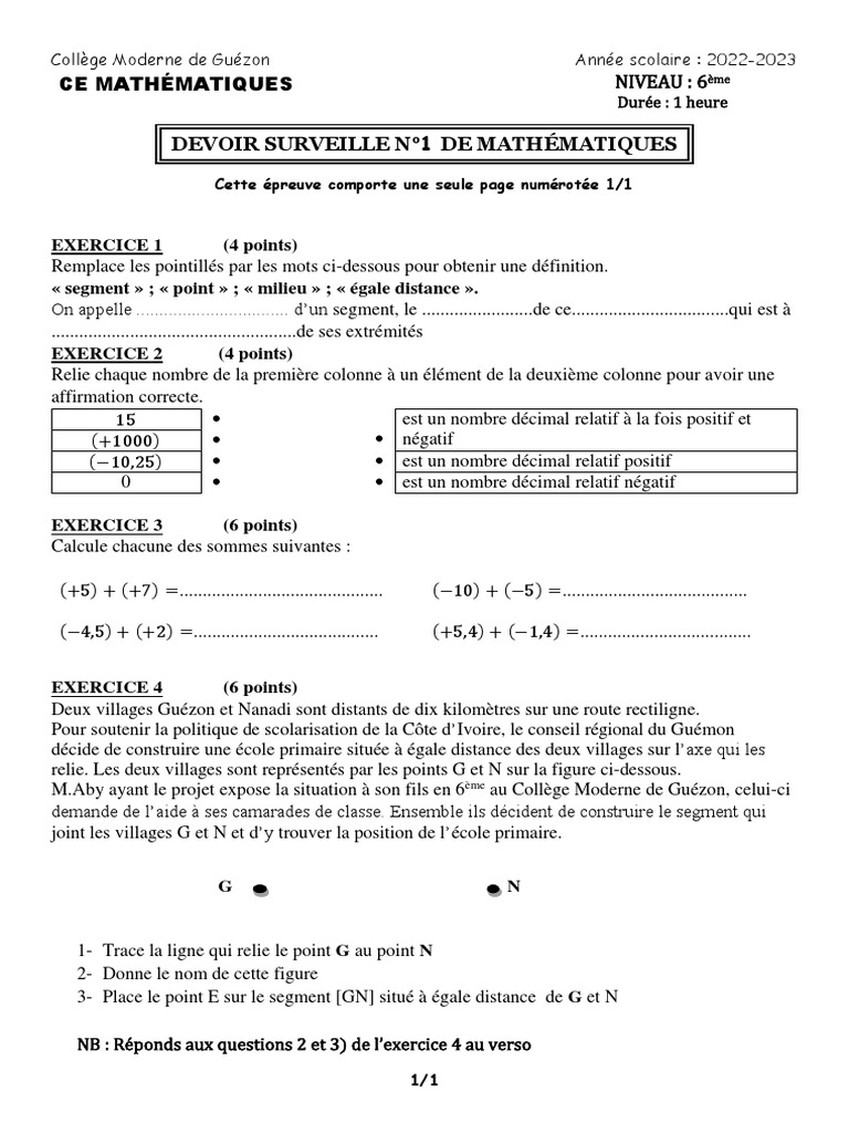 DEVOIR SURVEILLE 1 6ème | PDF | Mathématiques