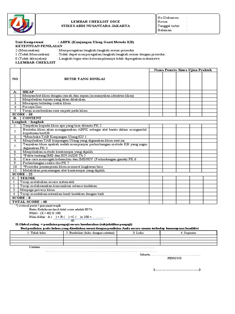 Lembar Ceklist Penilaian ABPK KB | PDF