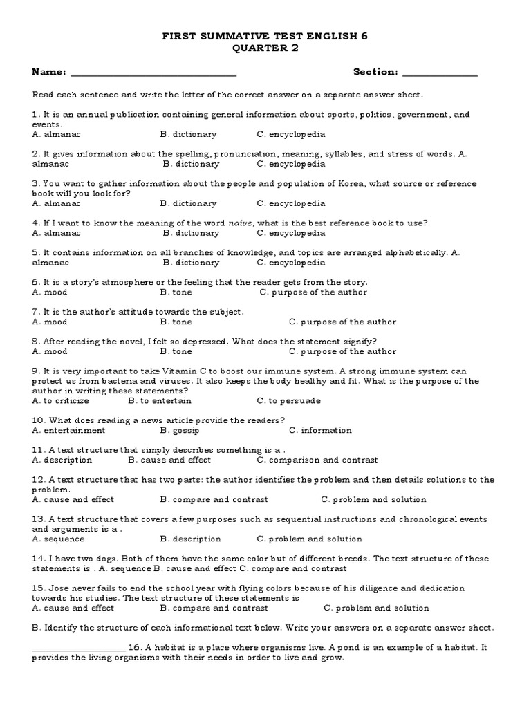 Grade 6 English Summative Test Q2 | PDF | Encyclopedias | Dictionary