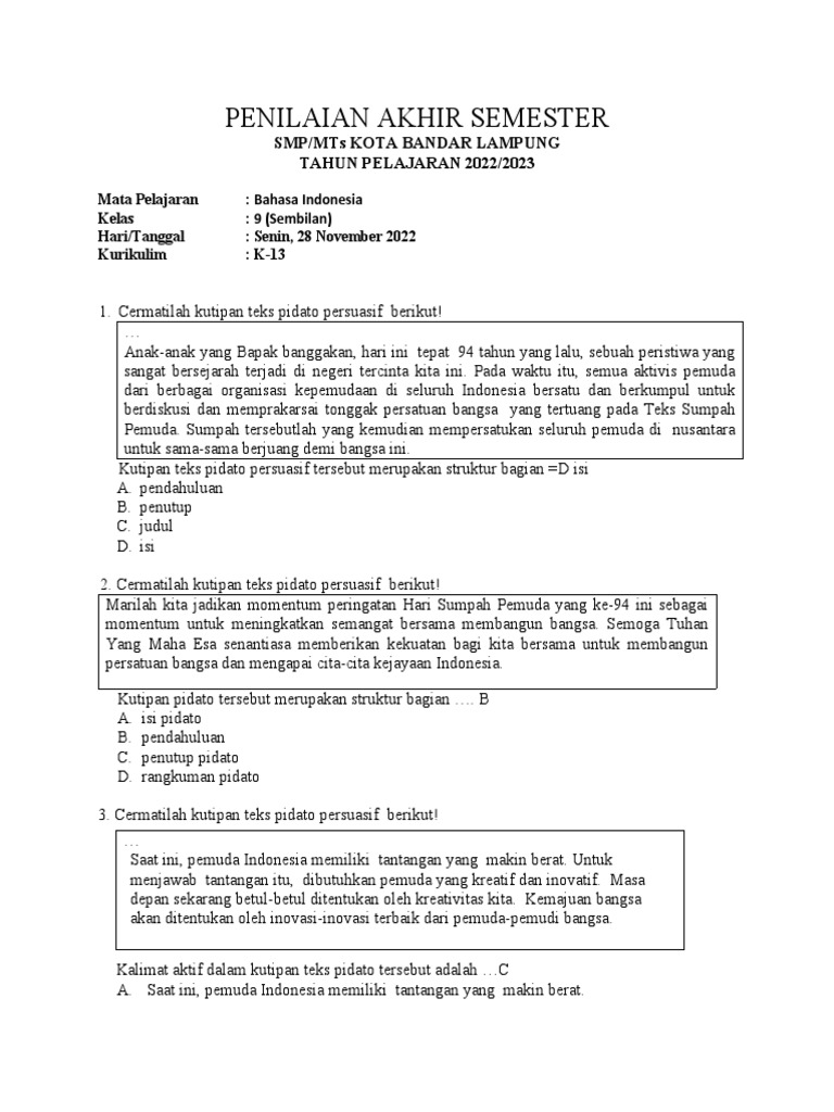 Bindo Soal Pas 9 GJL 22. Fix | PDF