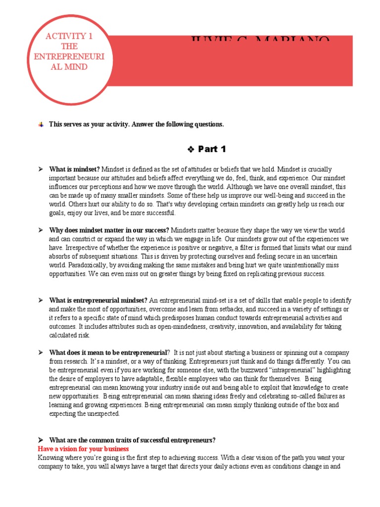 Prelim Activity | PDF | Entrepreneurship | Mindset