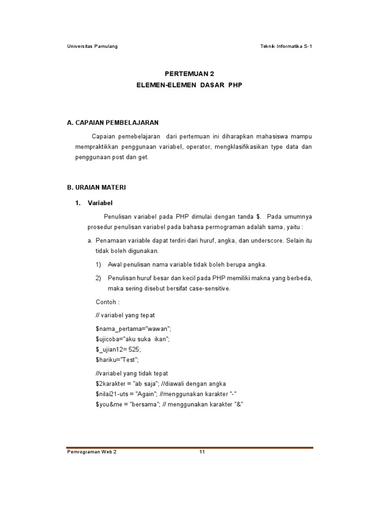Dasar PHP: Variabel, Operator, dan Tipe Data | PDF