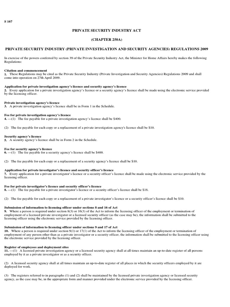 PSIA Regulations For PISA 2009 | PDF | License | Security Guard