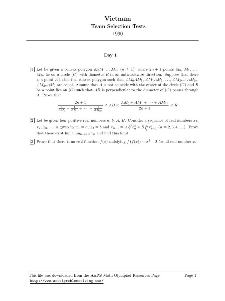 Solving Problems of Geometry, Sequences, and Permutations from Vietnam's 1990 National Team ...