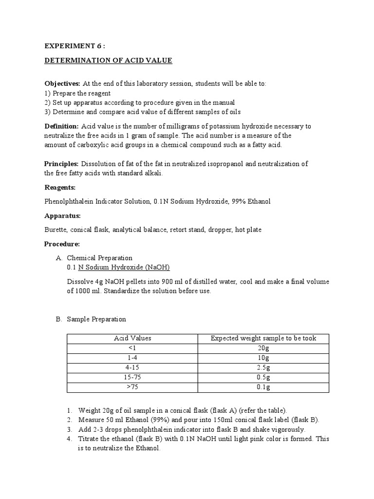 Acid Value Determination in Oils | PDF | Titration | Chemistry