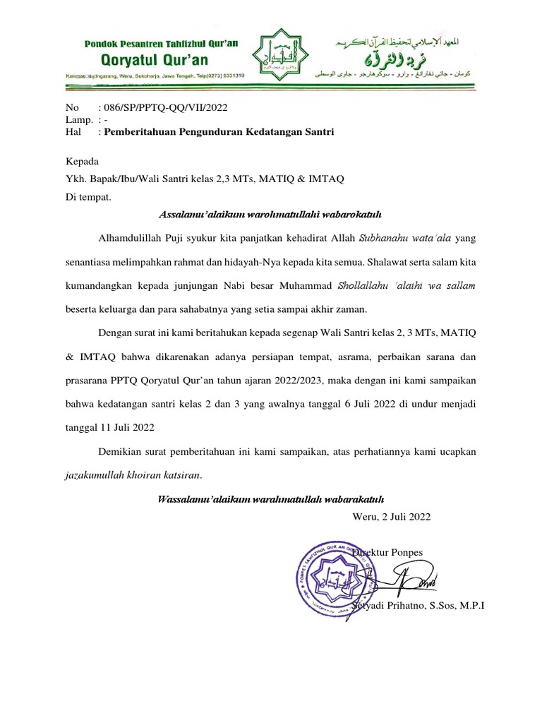 Surat Pemberitahuan Kedatangan Santri | PDF