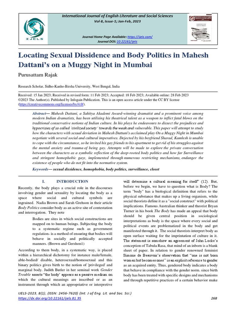Locating Sexual Dissidence and Body Politics in Mahesh Dattani's On A Muggy Night in Mumbai ...