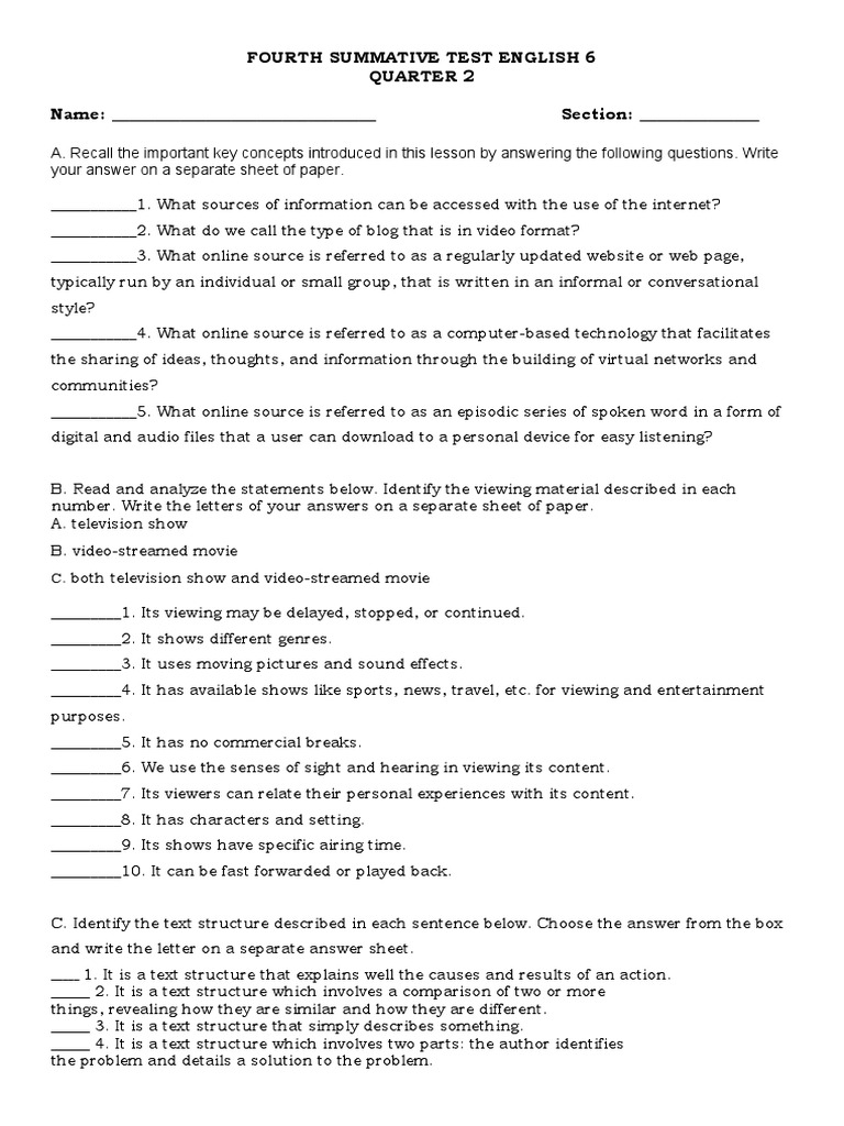 Fourth Summative Test in English 6 | PDF | Communication | Mass Media