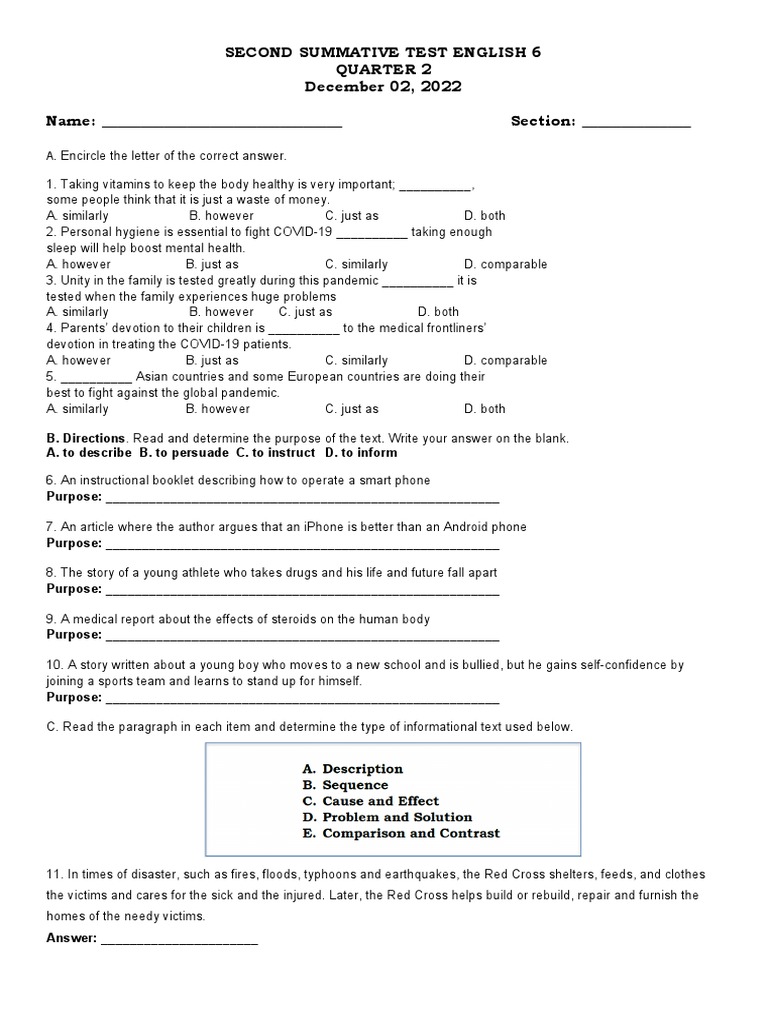 Second Summative Test: English 6 | PDF | Coconut | Nature