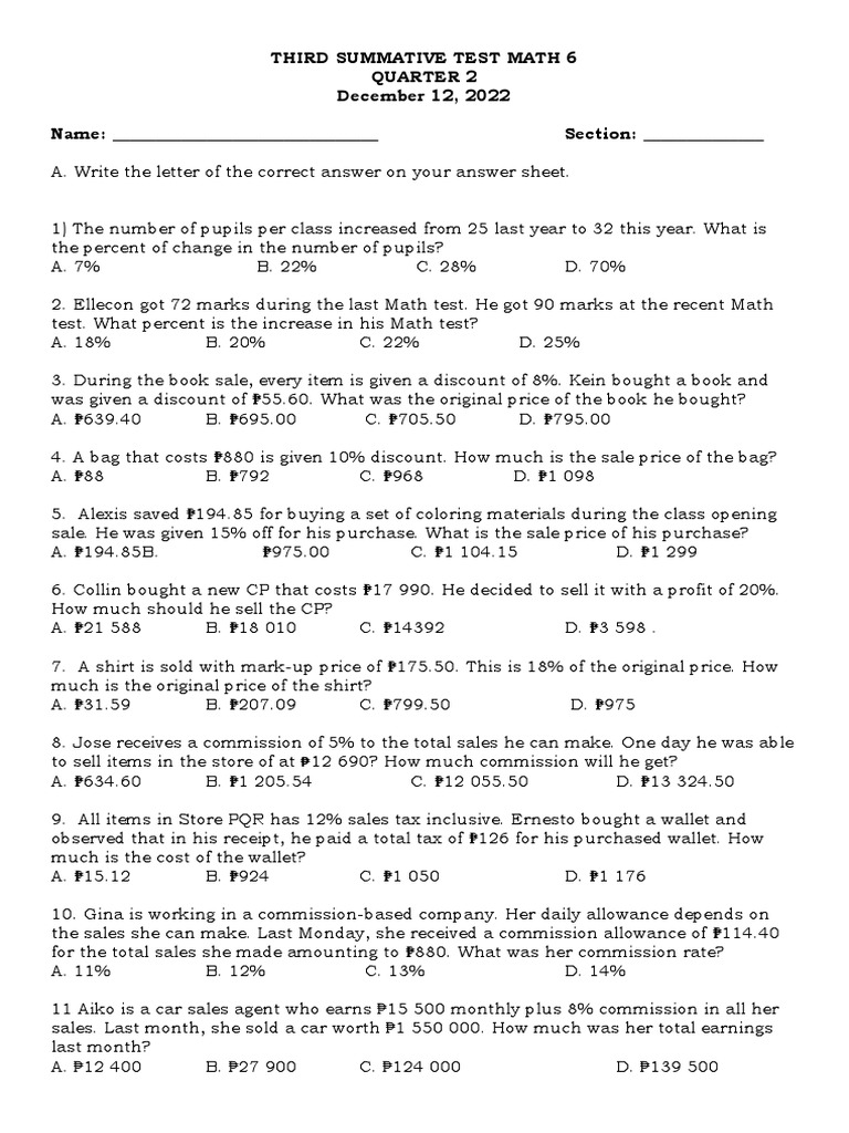 Third Summative Test in Math 6 | PDF