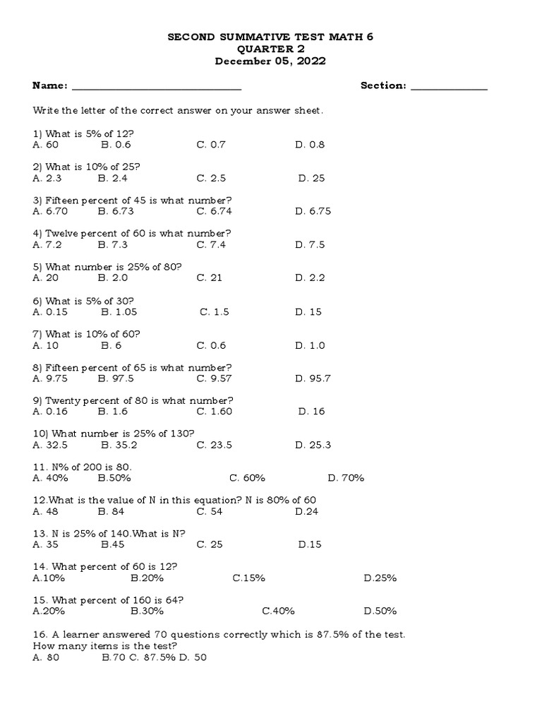 Second Summative Test in Math 6 | PDF | Learning | Mathematics
