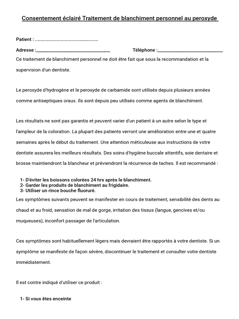 Consentement éclairé pour blanchiment dentaire | PDF | Dentiste | Soins ...