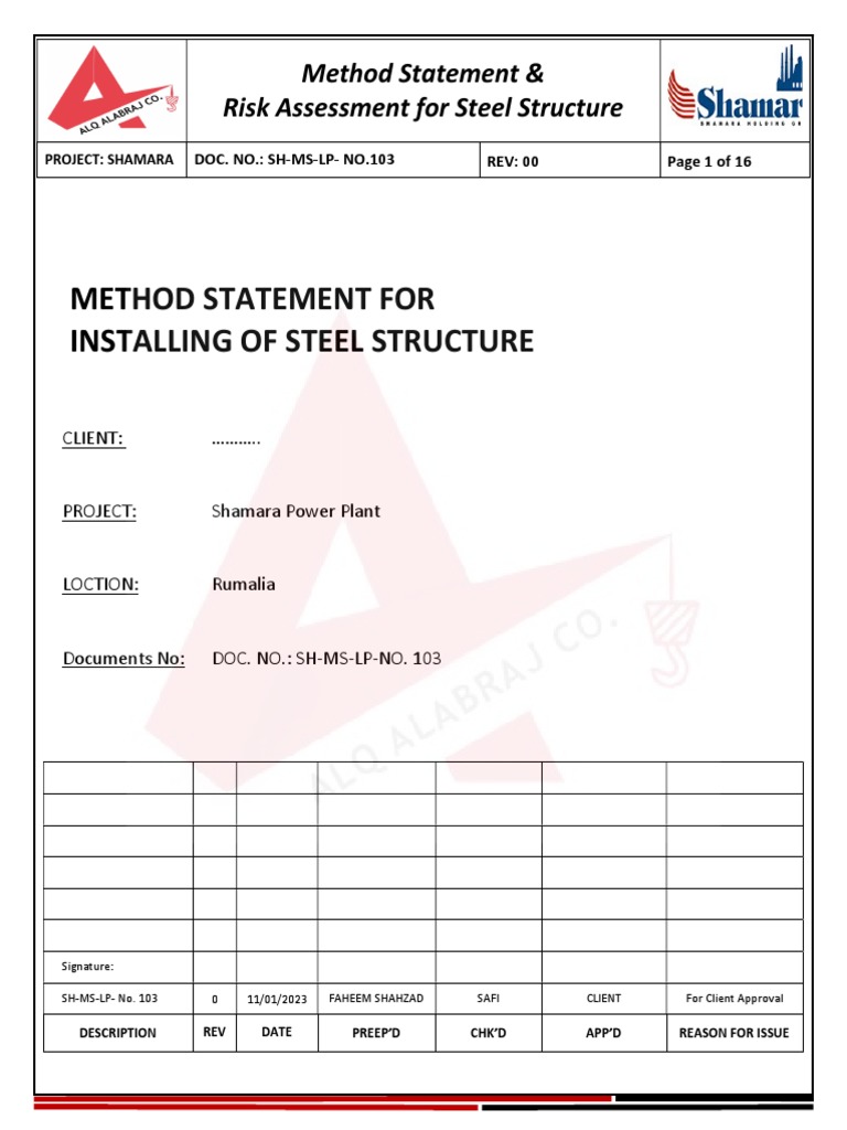 Method Statement & Risk Assessment For Steel Structure | PDF | Crane ...
