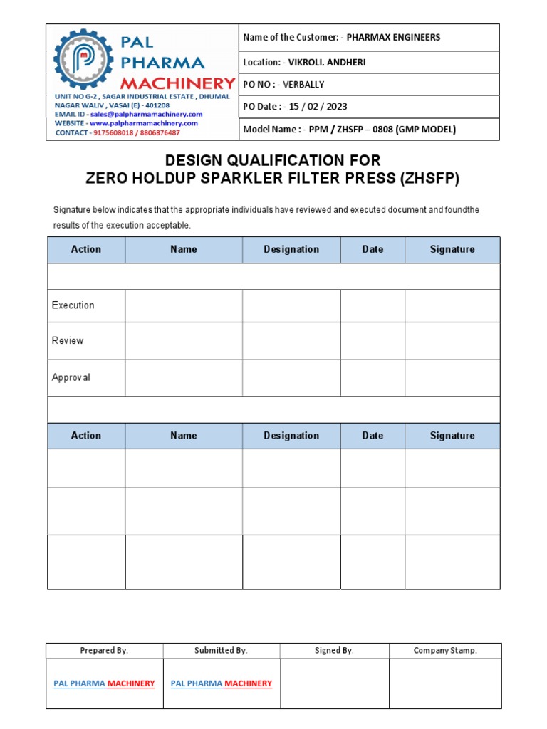 Design Qualification Protocol for a Zero Holdup Sparkler Filter Press ...