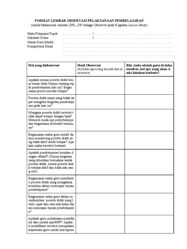 LAMPIRAN 13 - Format Lembar Observasi Pelaksanaan Pembelajaran untuk ...