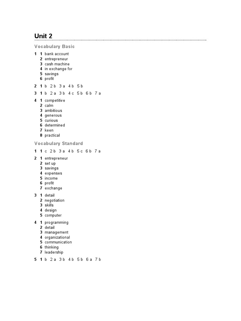 Key To Worksheets Vocabulary and Grammar Unit 2 | PDF | Career & Growth