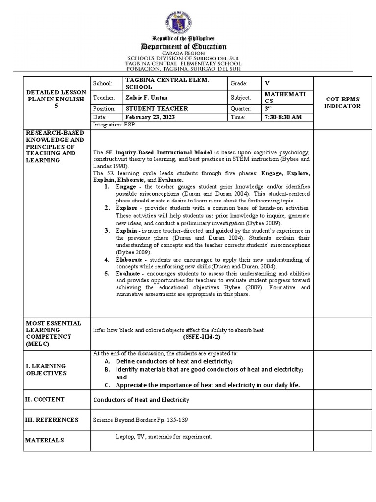 Conductors of Heat and Electricity 5e's Lesson Plan | PDF | Electrical ...