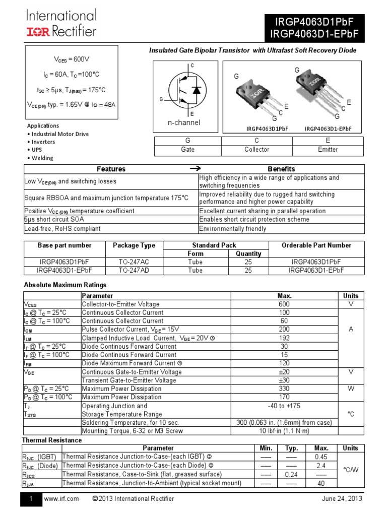 Irgp 4063 D 1 | PDF | Bipolar Junction Transistor | Field Effect Transistor