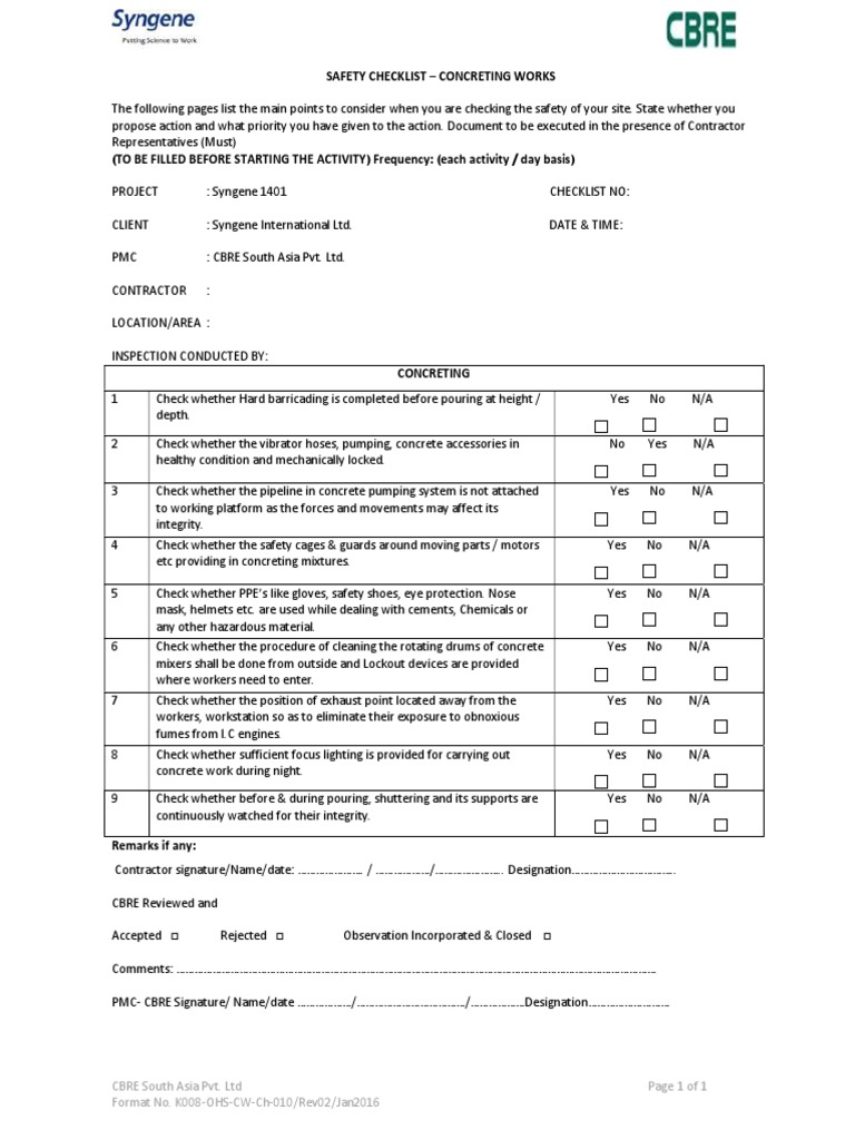 18. K008- OHSE Concrete Works Checklist | PDF | Concrete | Personal ...