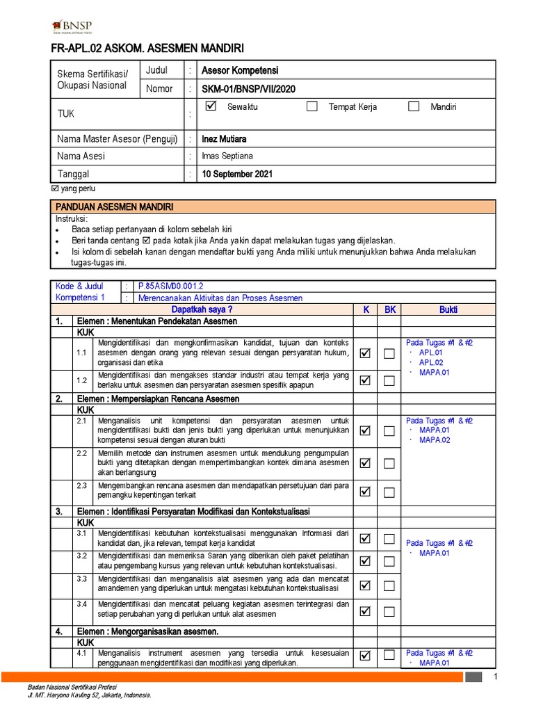 03 - FR - Apl.02 Askom Asesmen Mandiri - Pap | PDF