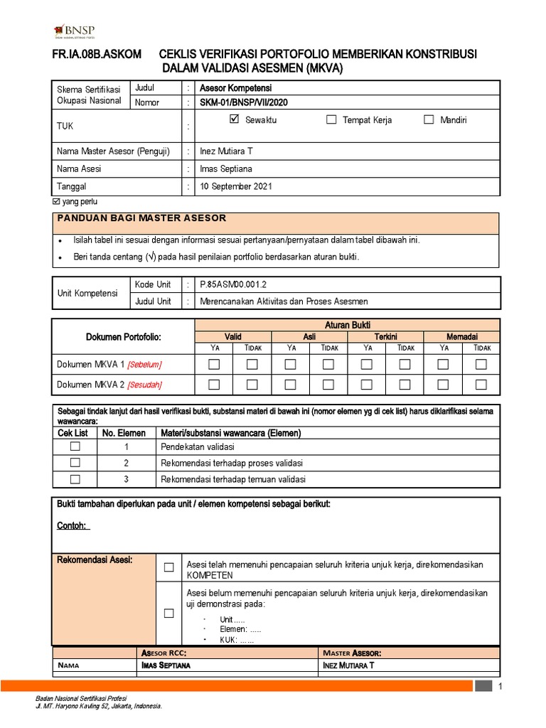 11 - FR - Ia.08b.askom Ceklis Verifikasi Portofolio Memberikan ...