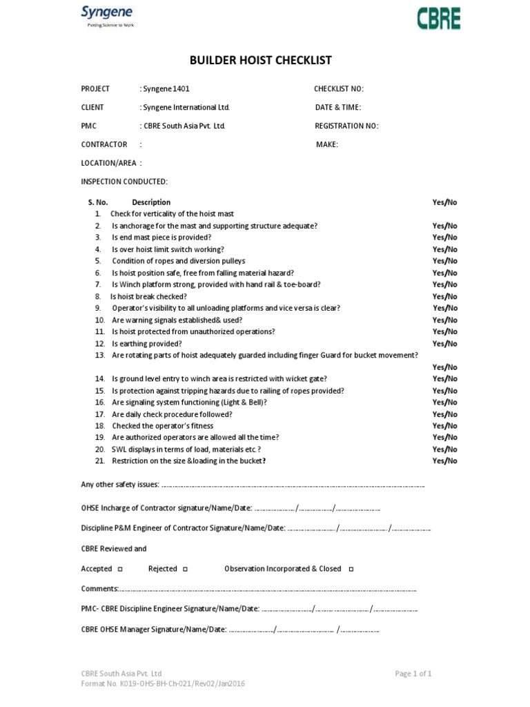 K019 - OHSE Builder Hoist Checklist | PDF | Equipment | Manufactured Goods